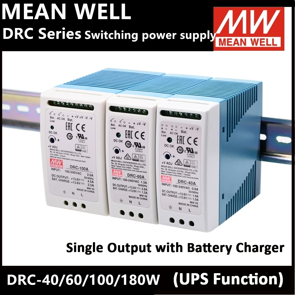 MEAN WELL Riel Din de salida única DRC 24V UPS 40A/40B/60A/60B/100A/100B/180A/180B con cargador ...