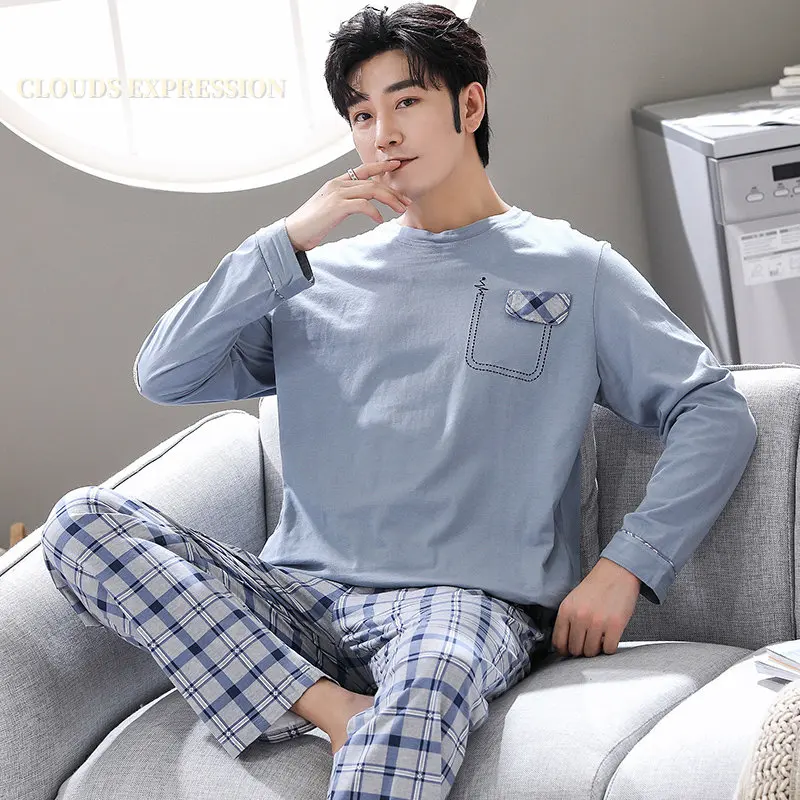 Spring-Autumn-L-4XL-Knitted-Cotton-Simple-Men-s-Pyjamas-Suits-Pajamas ...