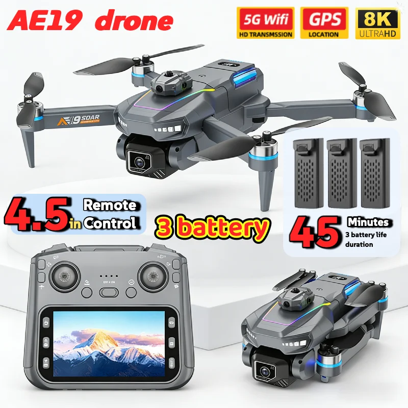 AE19 GPS Drone 8K/4K Dual Cam 4.3" LCD 360° Obstacle Avoidance 3 ...