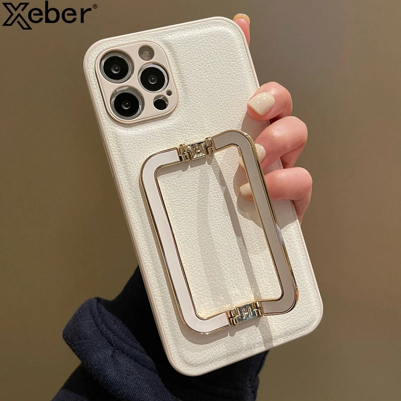 Square Lychee Pattern Leather Case for IPhone 14 13 12 11 Pro Max X XS XR 7 8 Plus Plating ...