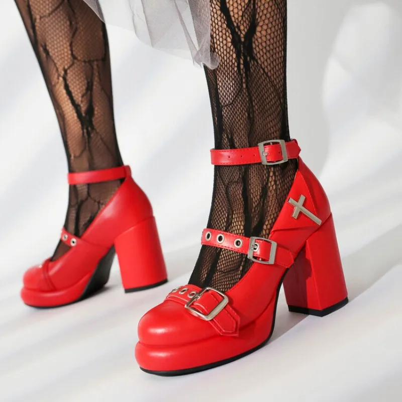 Rivet-Buckle-Solid-Color-Red-High-Heels-Shoes-Women-2024-New-Spring ...