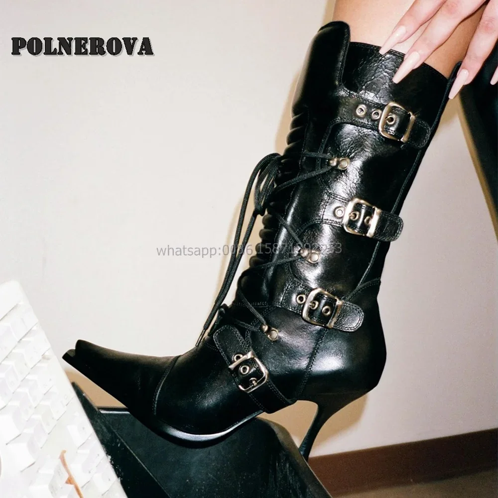 Belt Buckle Cross Tied Booty Pointed Toe Stiletto Solid Patchwork Punk ...