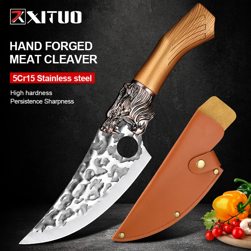 XITUO Traditional Handmade Forged Butcher Knife Anti-Stick Hammer ...
