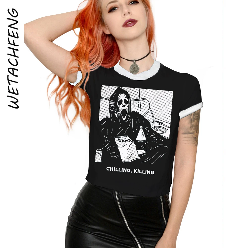 Letter-CHILLING-KILLING-Printed-Summer-O-Neck-Short-Sleeve-Trend-Black ...