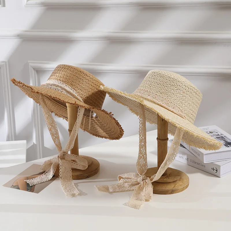 Fashion-Wide-Brim-Straw-Hat-for-Women-Long-Ribbon-Ladies-Beach-Hats ...