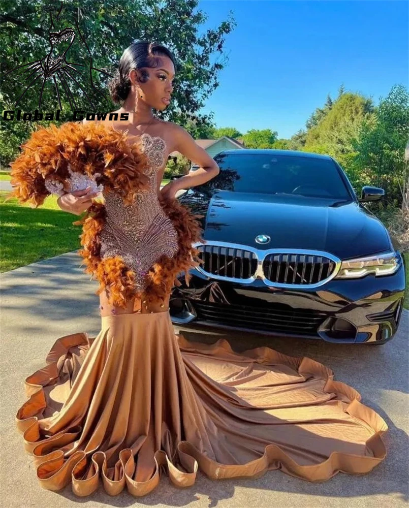 Brown-Ostrich-Feather-Long-Prom-Dress-for-Black-Girl-Luxury-Silver-Bead ...