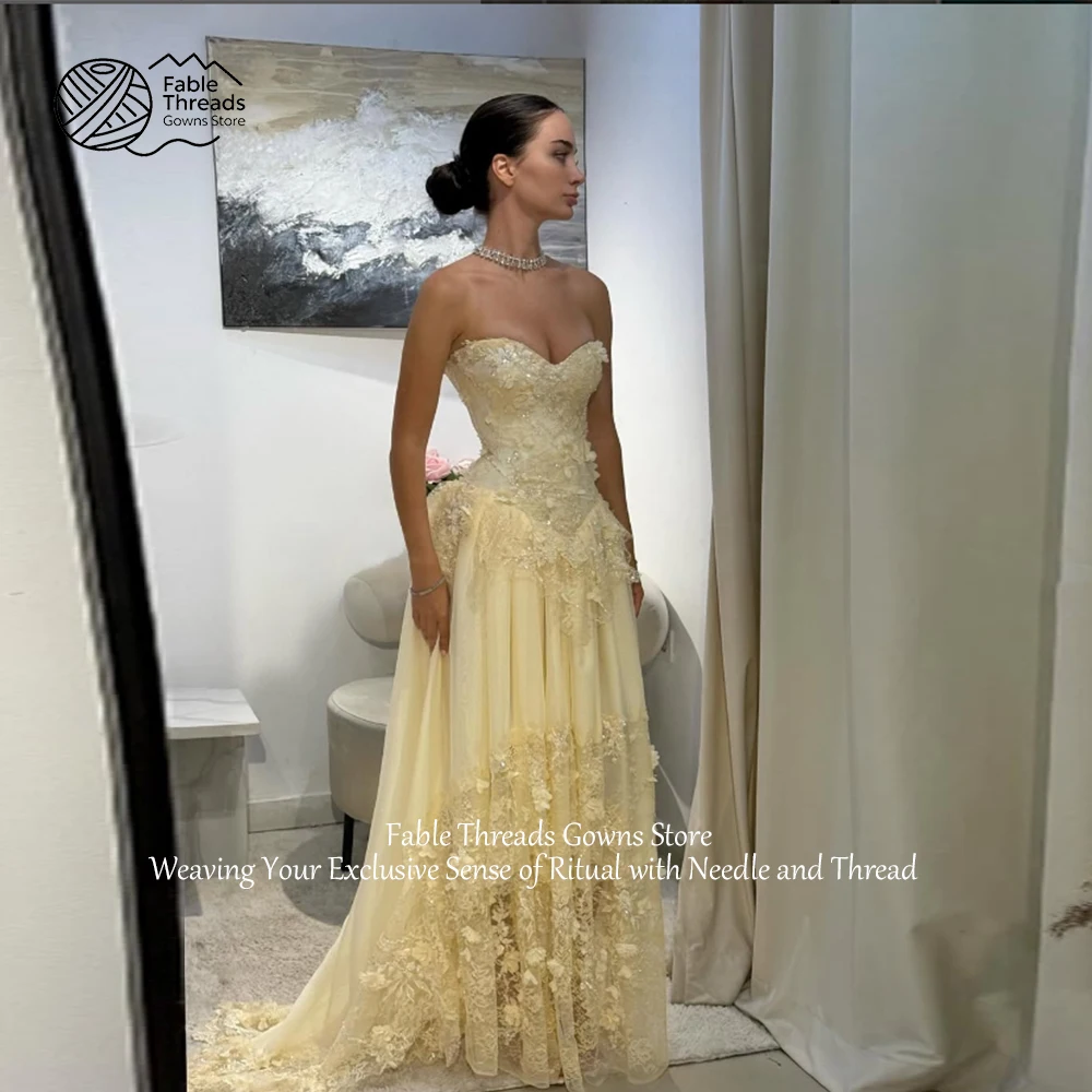 FableT 3D Flowers Evening Dresses A-line Yellow Off Shoulder Princess ...