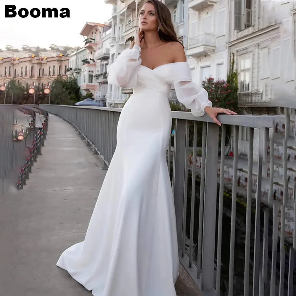 Booma-Elegant-Mermaid-Wedding-Dresses-Off-Shoulder-Puff-Sleeves-Brides-Party-Gowns-Sweep-Train ...