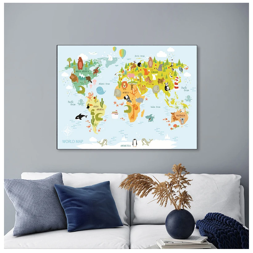 Sea Life Continents Animal World Map Picture Children Poster Nursery ...