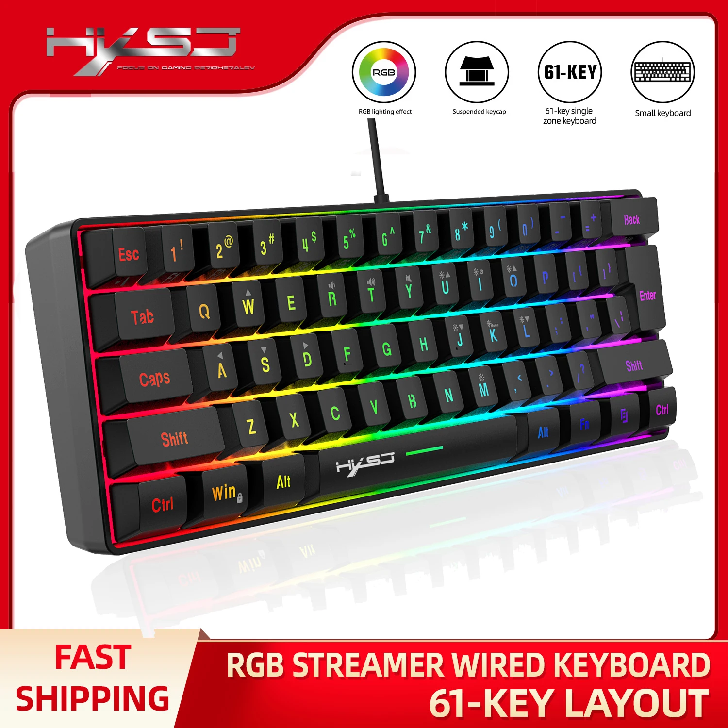 HXSJ-60-Wired-Gaming-Keyboard-61-Keys-Gaming-RGB-Backlit-Ultra-Compact ...