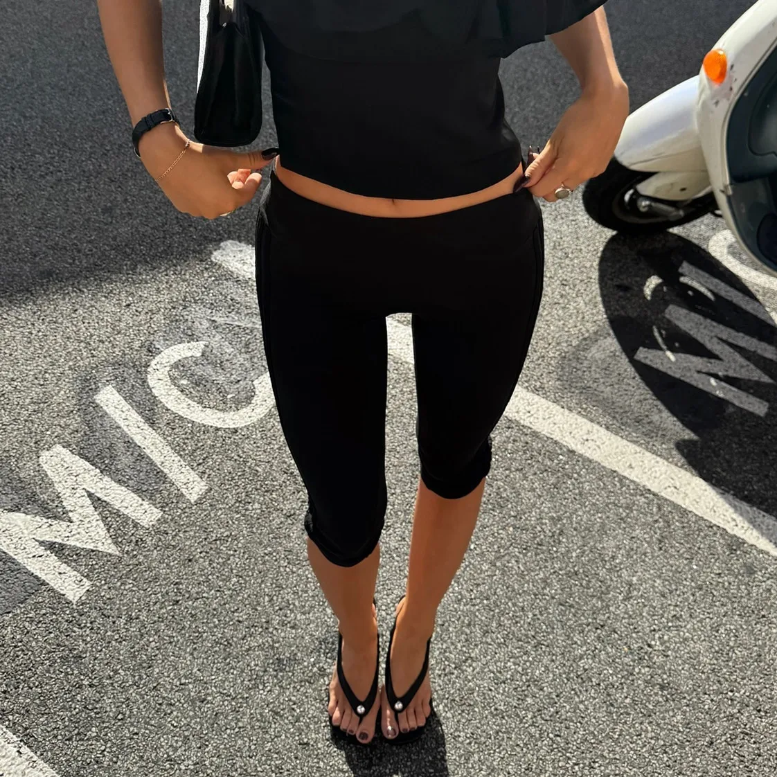 Low Rise Split Hem 3/4 Length Skinny Pants Women Solid Fold Over ...