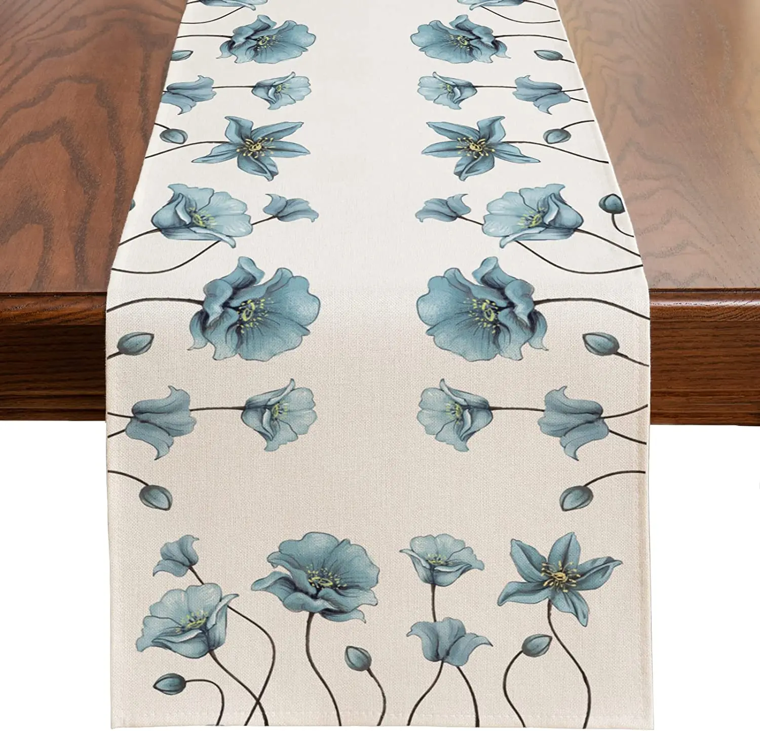 Spring Watercolor Blue Flowers Linen Table Runner Wedding Decoration ...