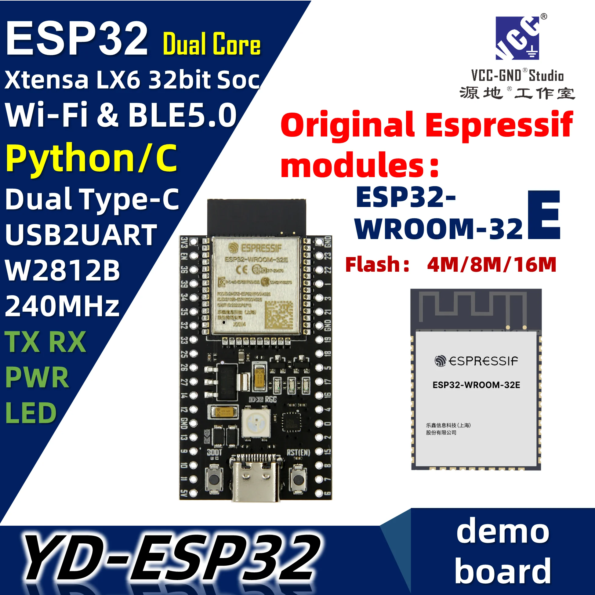 Micro usb tipo c para pres, YD-ESP32, studio, ESP32-DevKitC, ESP32-WROOM-32E-N4, VCC-GND ...