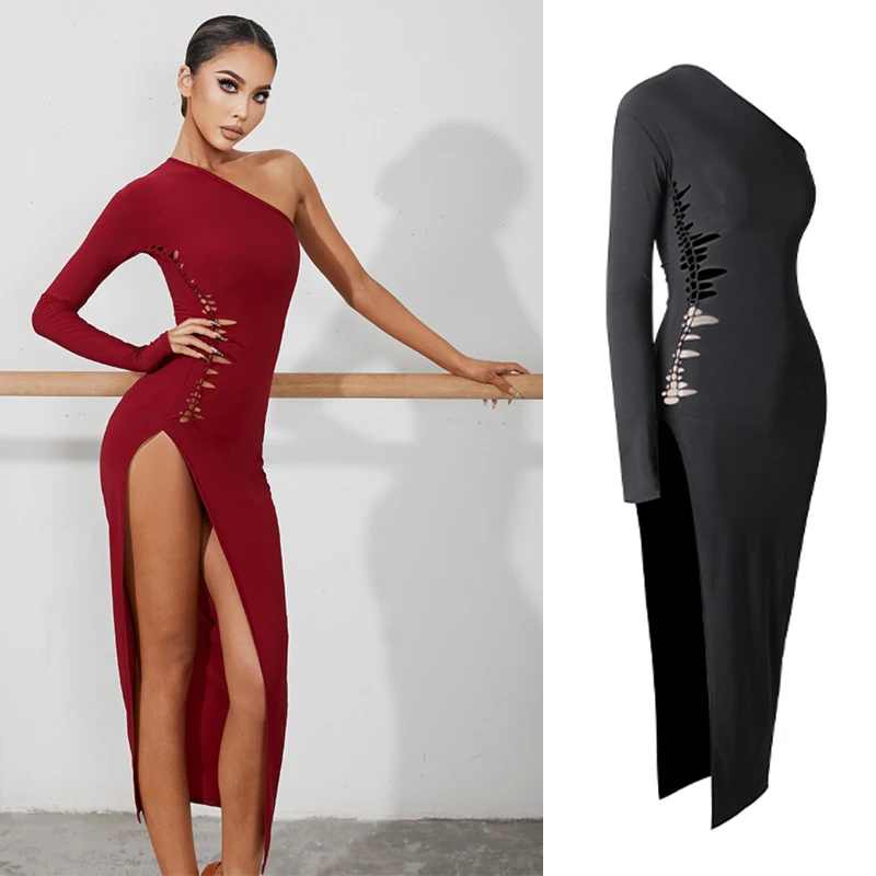 One-Sleeves-Latin-Dance-Dress-Women-Sexy-Cutout-Slit-Red-Black-Latin ...
