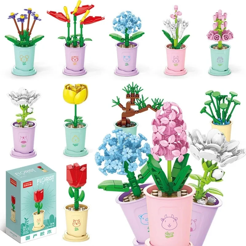 Rose-Building-Blocks-Flower-Bouquet-Potted-Plant-DIY-Bricks-Creative ...