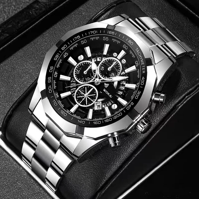 WOKAI high quality men's business steel band Quartz watch Dual calendar ...