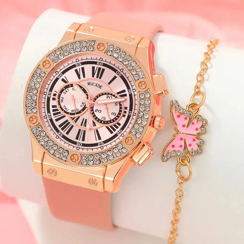 2pcs-Dainty-Pink-Quartz-Watch-With-Jewelry-Set-Fashion-Round-Women ...