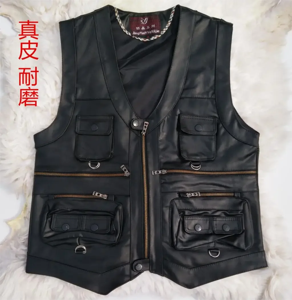 HOCO 2024 leather vest Men's leisure sheepskin vest zipper Many pockets ...