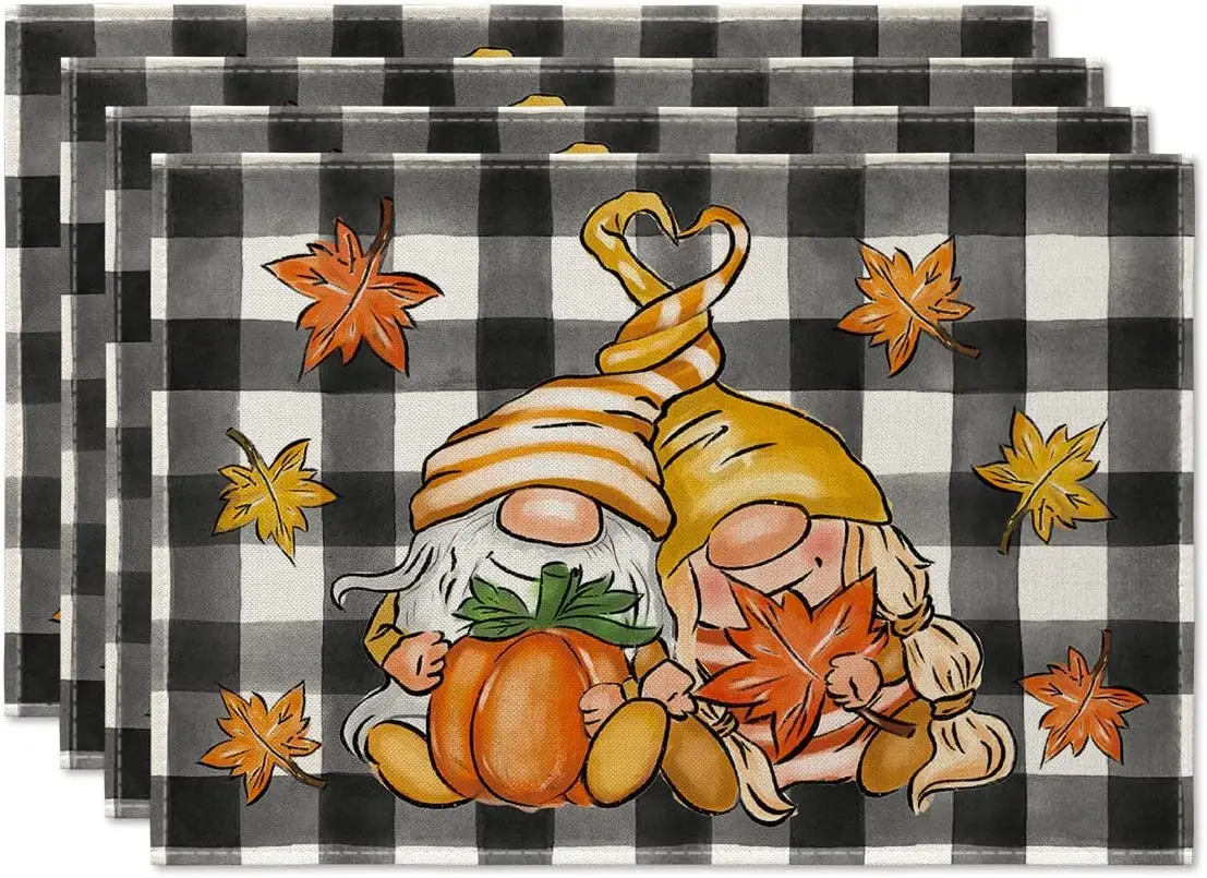 Fall-Gnome-Pumpkin-Maple-Leaves-Placemats-Set-of-4-6-Pcs-12x18-Inch ...