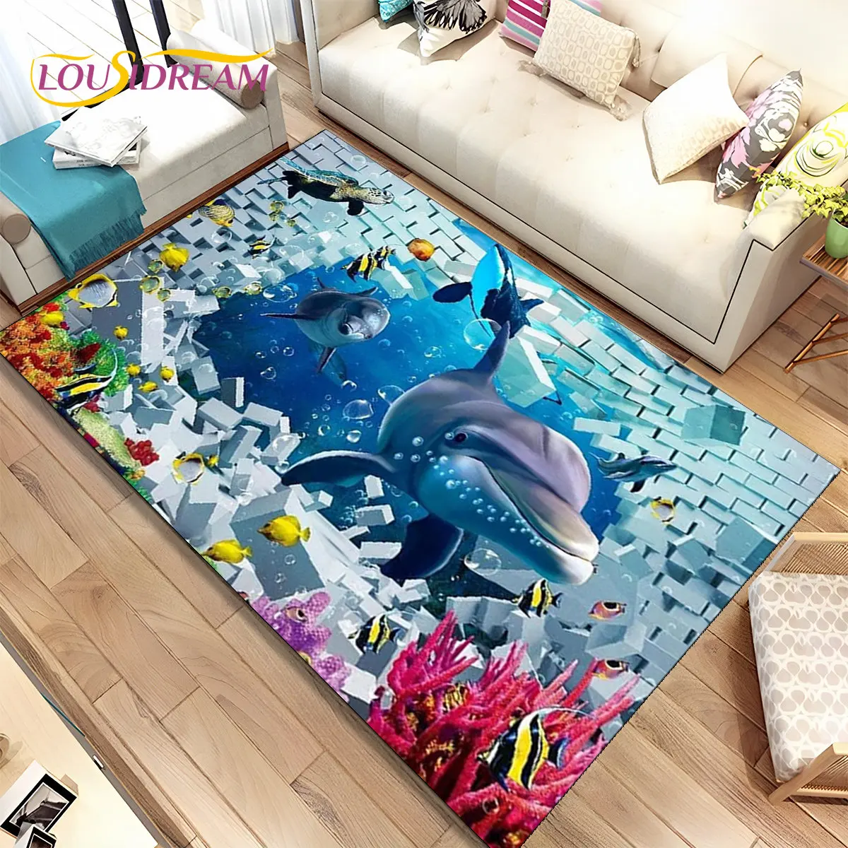 3D Illusion Seabed Underwater World Dolphin Shark Area Rug,Carpet Rug ...