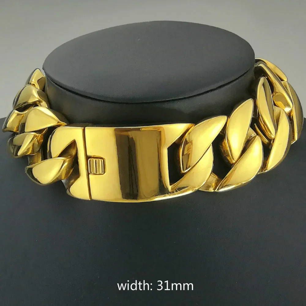 Gold Color 316L Stainless Steel All Polished 31mm Width Very Heavy Long ...