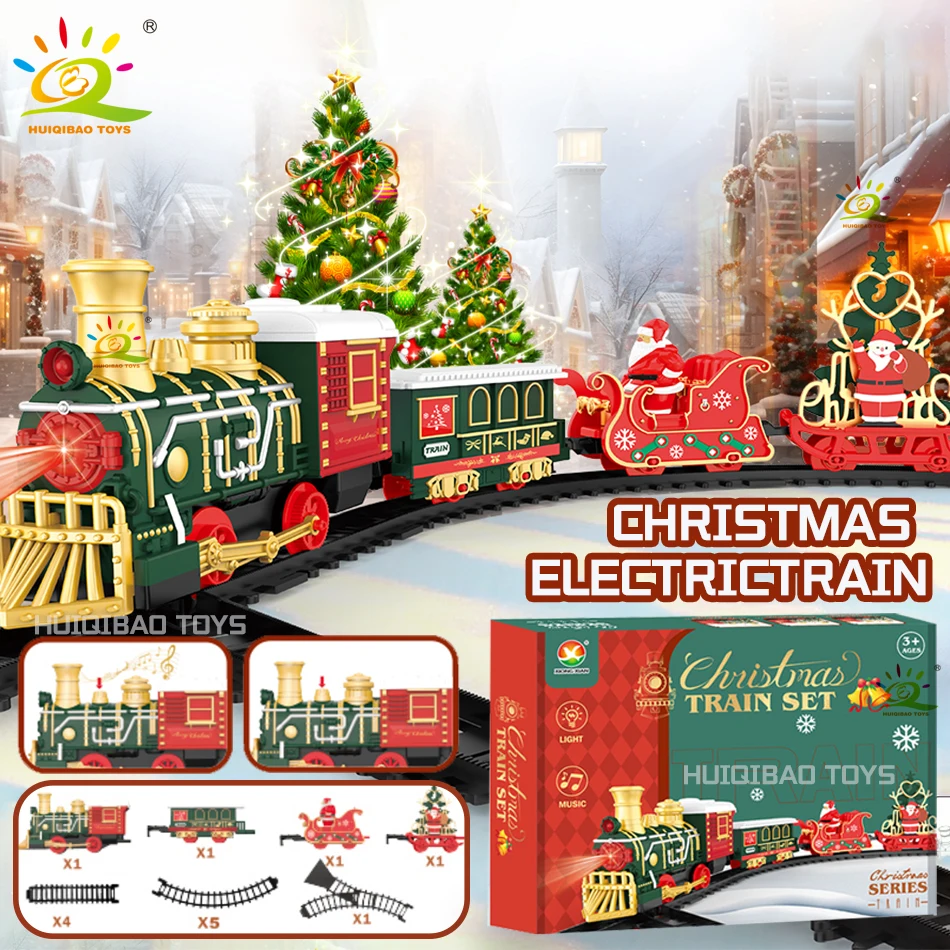 HUIQIBAO Christmas Tree Electric Train Tracks Set Santa Claus Cargo ...
