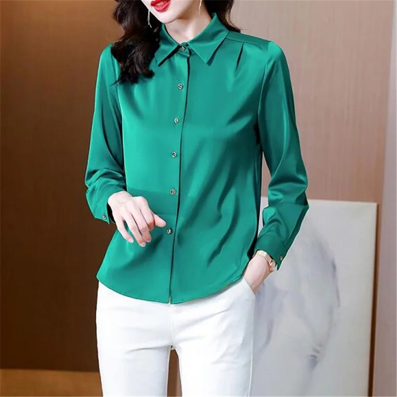 Satin-Blouse-Women-Cardigan-Shirt-Long-Sleeve-Silk-Shirt-Single-Breasted-Turn-Down-Collar-Solid ...