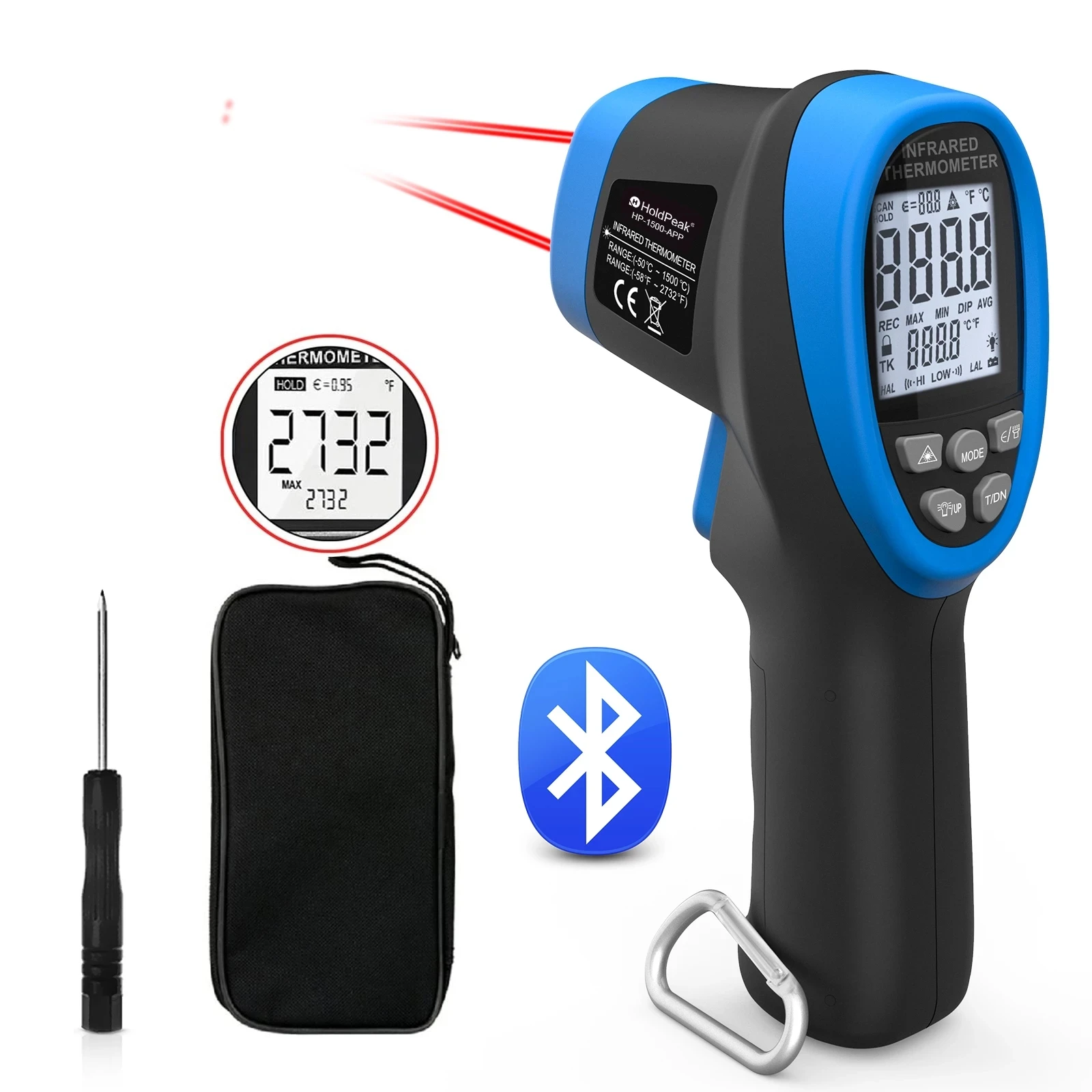 HoldPeak HP 1500 APP Digital Infrared Thermometer 50~1500 DS 30:1,Non Contact Temperature Meter ...