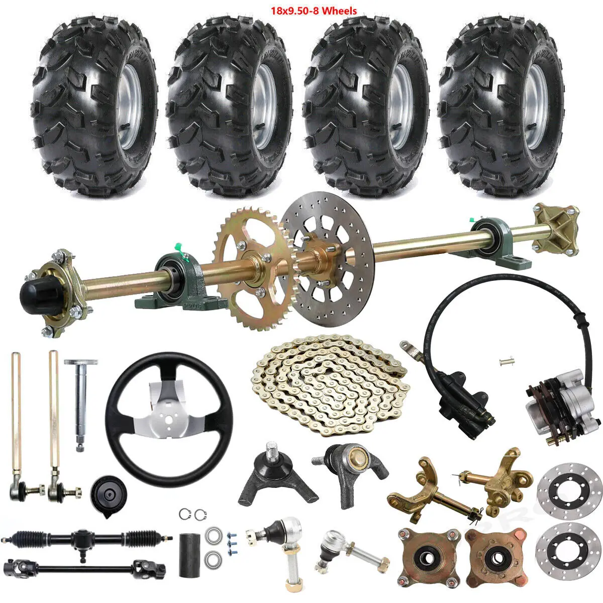 44" ATV Go Kart Rear Axle Kit + Front Steering End Tie Rod+ 8" Wheels ...