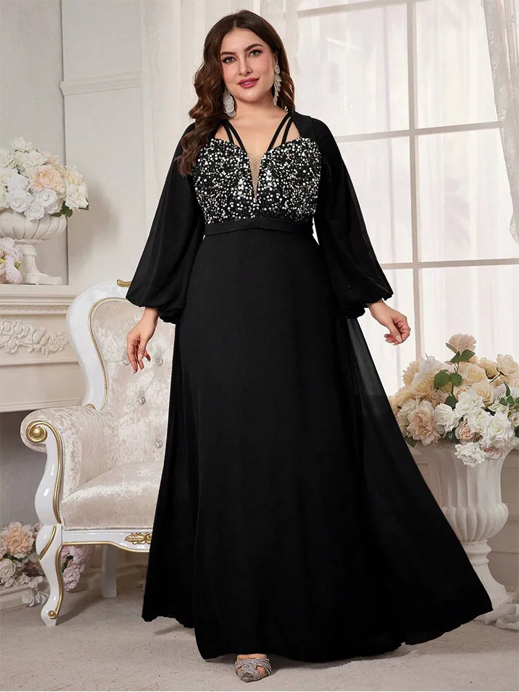 Plus-Size-V-Neck-Sequined-Chiffon-Loose-Floor-Length-Evening-Gown-Big ...