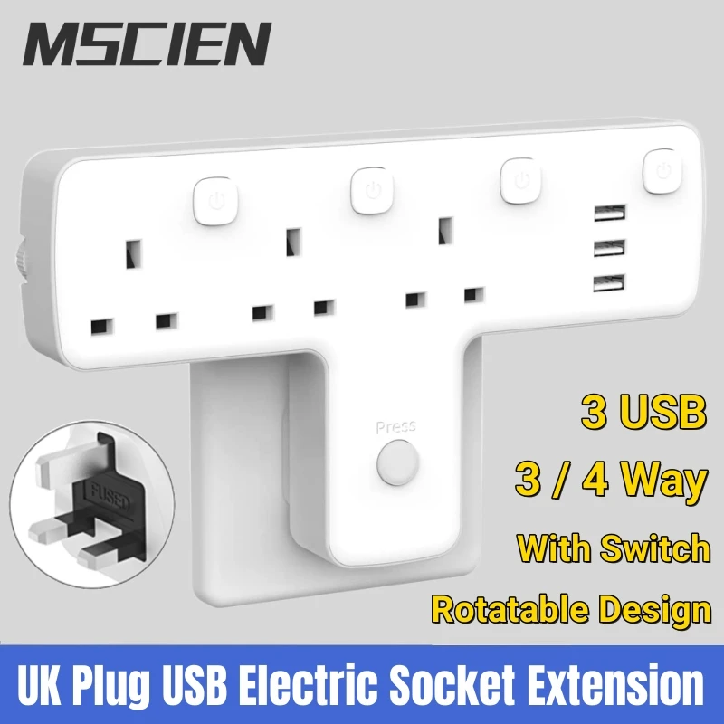 Uk Plug Adapter 3-4 Way Multiplug Socket With 3 Usb Ports Switch ...