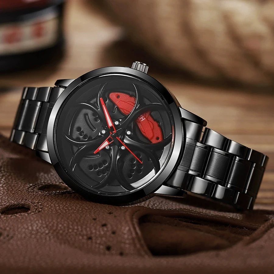 New Fashion Man Rotate Watches Men Big Car Wheel Hub Stainless Steel ...