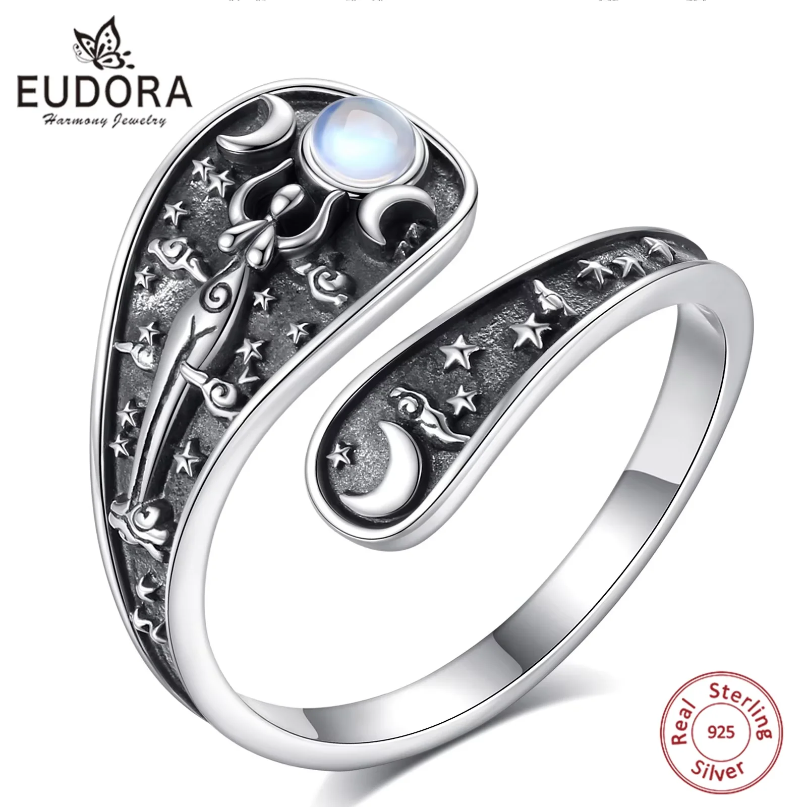 Eudora 925 Sterling Silver Triple Moon Goddes Adjustable Ring Moonstone ...