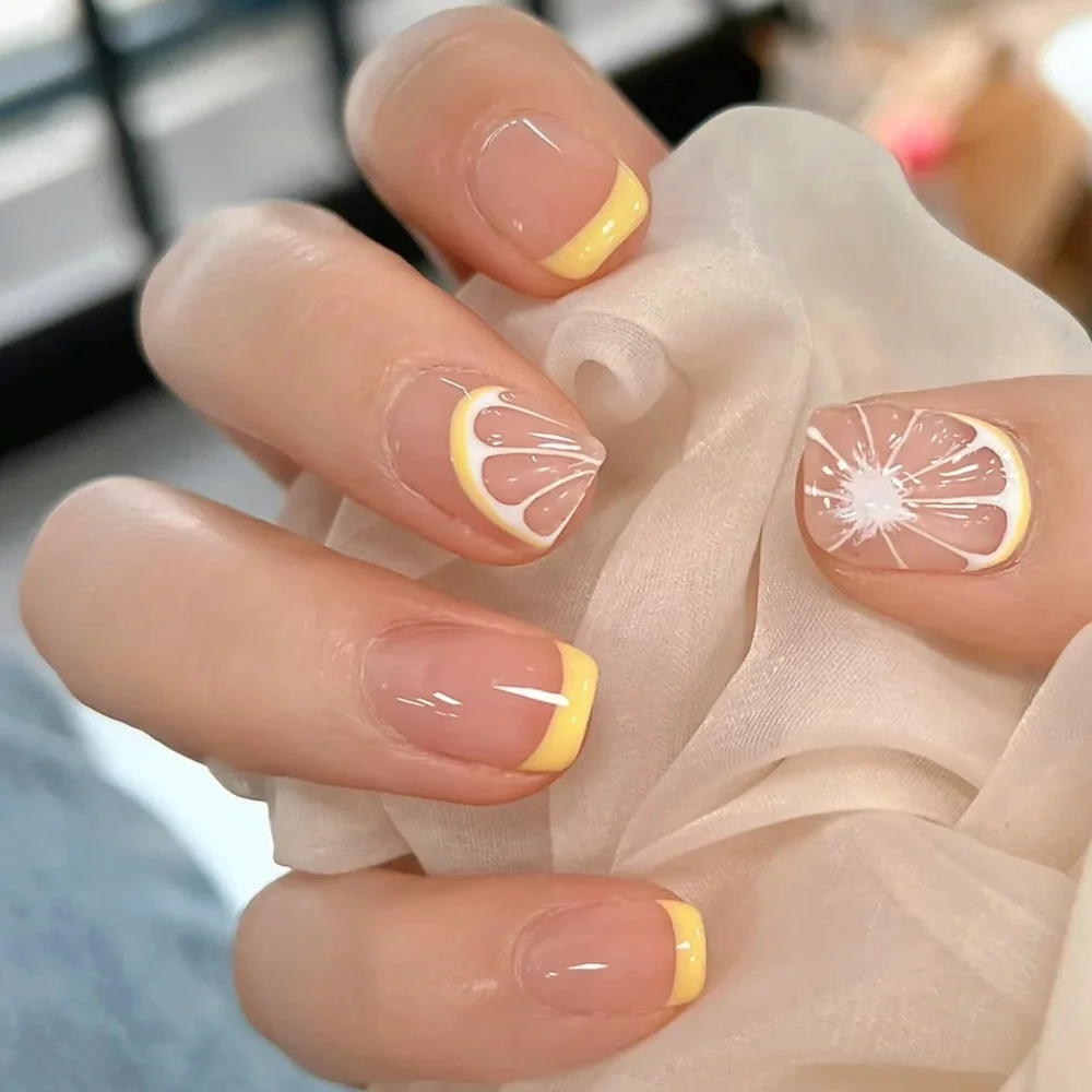 Summer Lemon False Nails With Designs French Square Head Short Fake ...