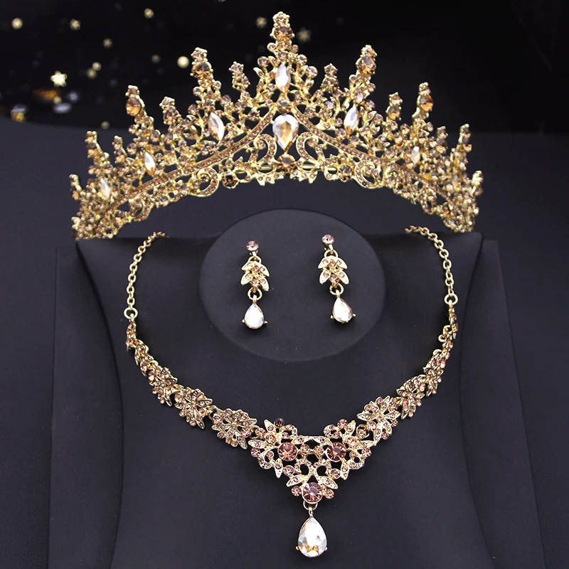 Luxury Champagne Crystal Bridal Crown Jewelry Set Princess Queen Tiaras ...