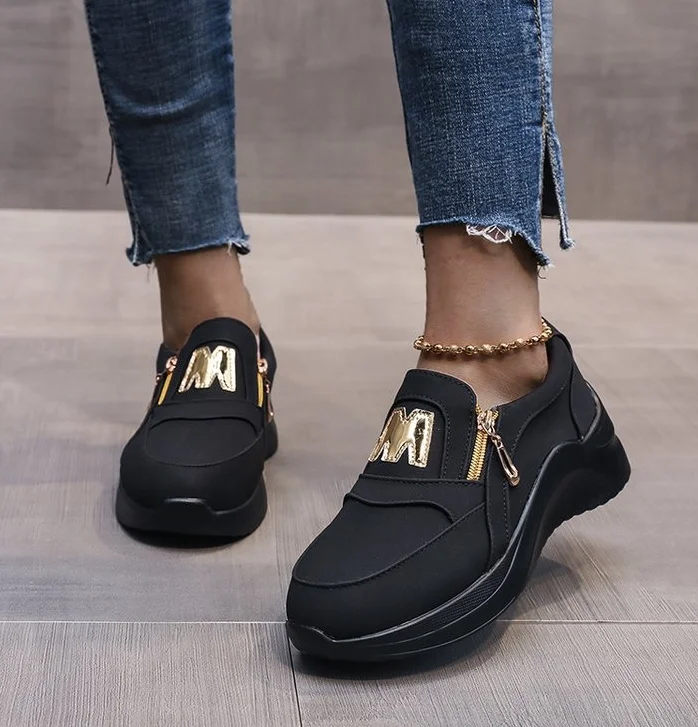Women's Slip-On Zipper Platform Solid Wedge Casual Flats Sneakers