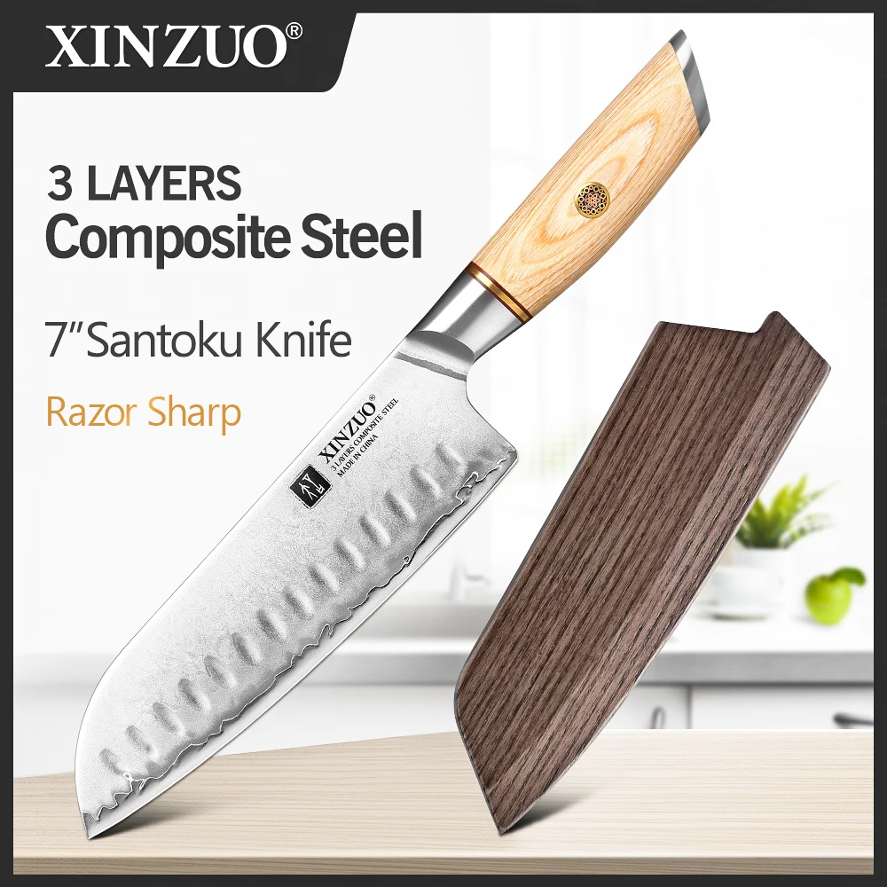 XINZUO 7 인치 프로 Santok Knife 단조 높은 탄소 10Cr15CoMoV 스틸 코어 복합 스틸 주방 칼 ...