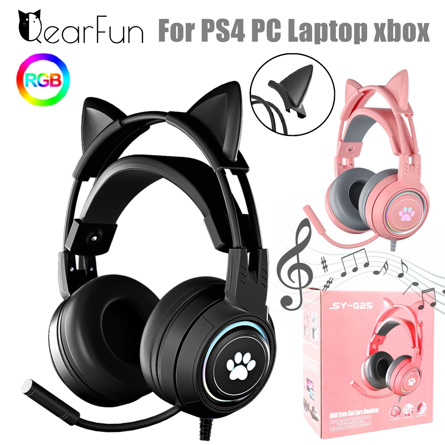 QearFun HiFi Stereo PC Headset Gamer Girls Pink Cat Headphones with ...