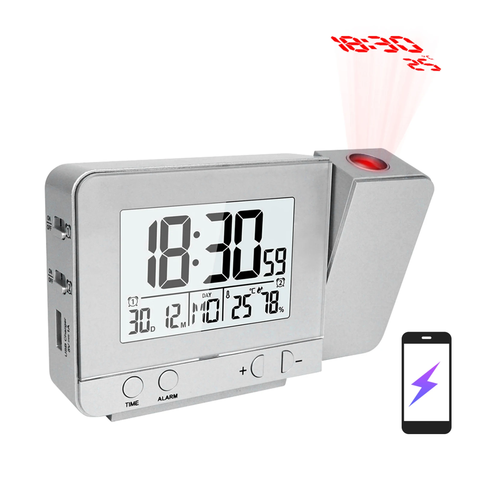 Digital Projection Ceiling Clock Dimmable LED Display with USB Charger ...