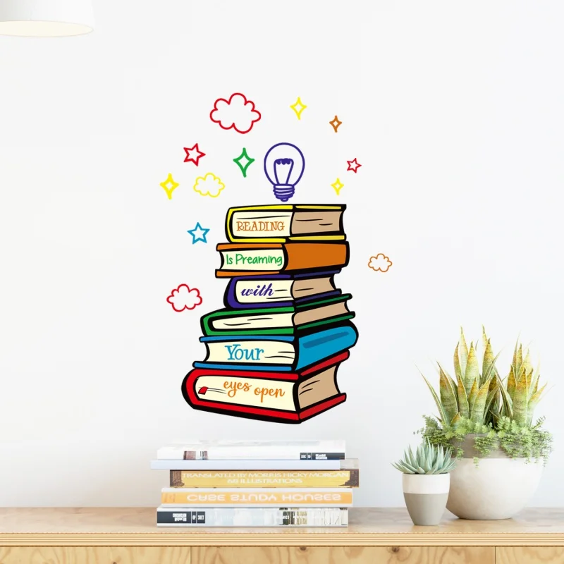 Colorful-Book-Lamp-Bulb-Wall-Sticker-Study-Bedroom-Library-Decoration ...