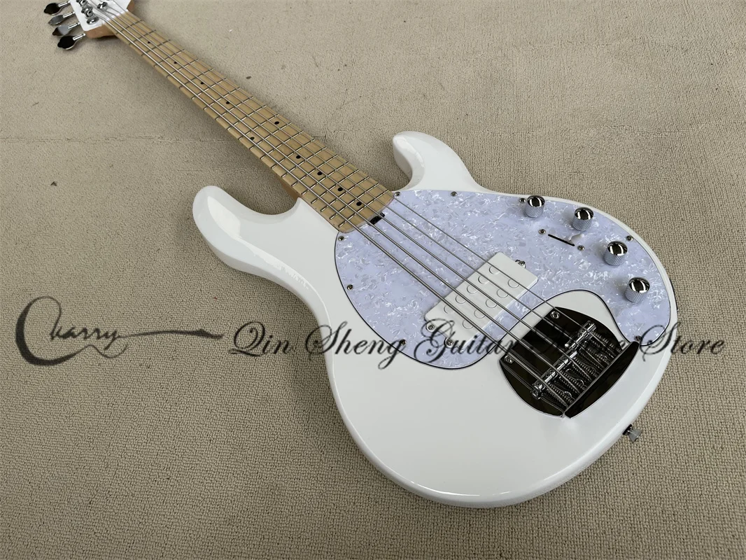 5-Strings-Electric-Bass-White-Ray-Bass-Maple-Fretboard-White-Pearl ...