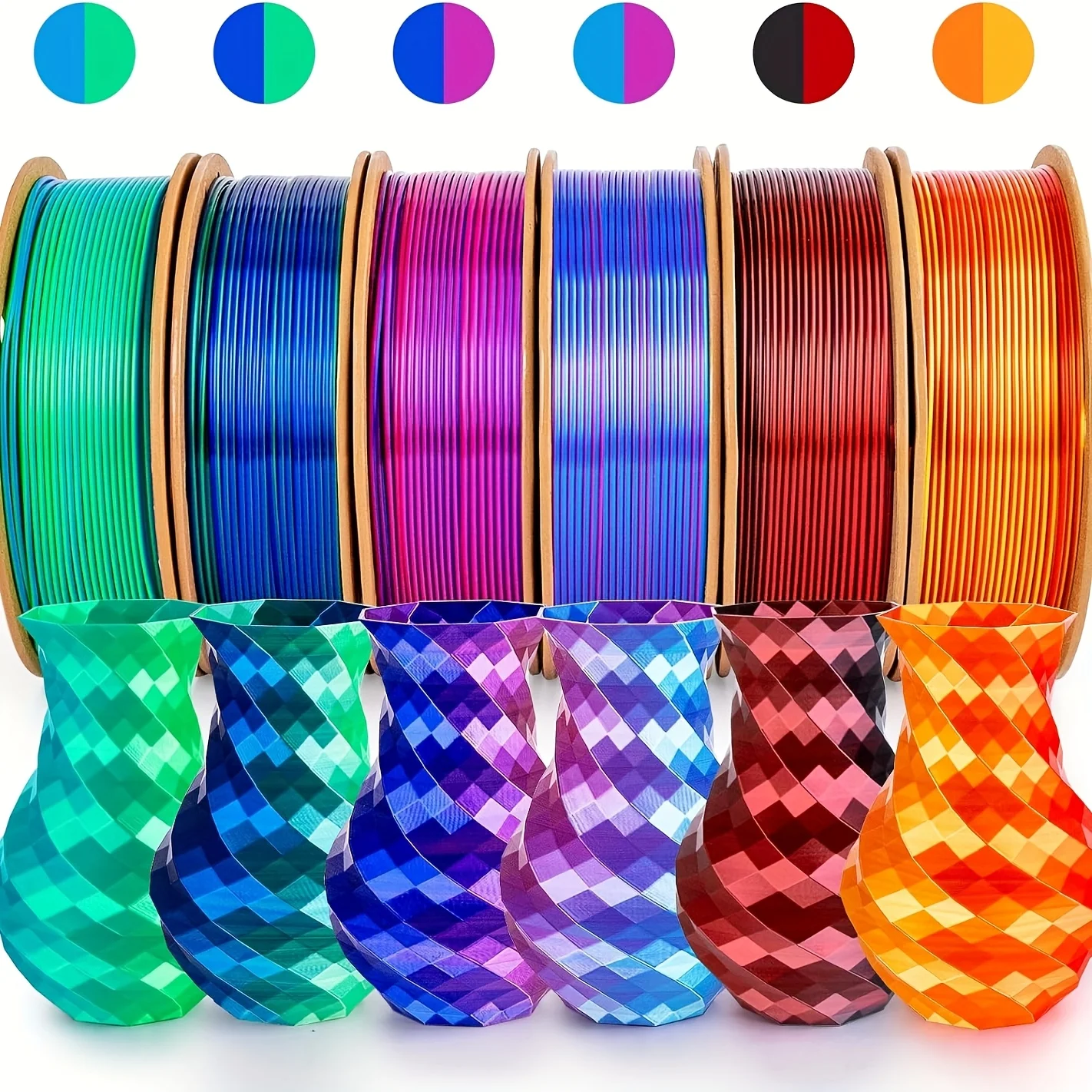 Silk PLA 3D Printing Filament Dual Color 6 Packs - PLA 1.75mm, 250g x 6 ...