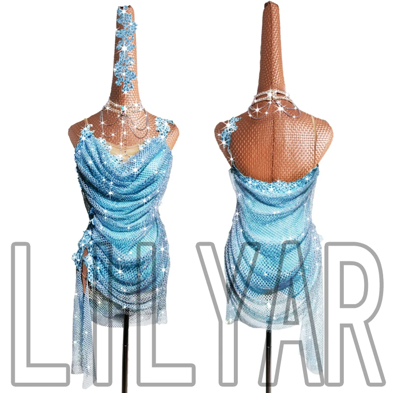 New Latin Dance Competition Performance Blue Mesh Cloth Cut Slim ...