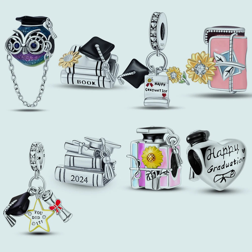 2024-925-Sterling-Silver-Graduate-Mortarboard-Charms-Beads-Fit-Original-Pandora-Bracelet-For ...