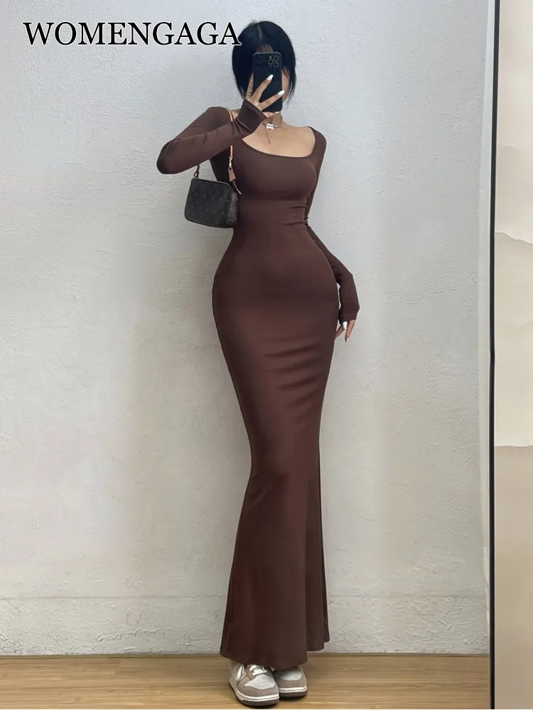 WOMENGAGA Sexy Square Collar Long Sleeve Fishtail Dress Tight Figure Wrap Hip Super Long Dresses ...