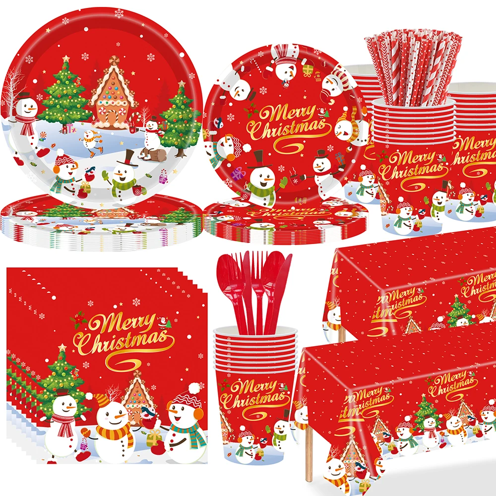 Christmas Disposable Tableware Set Santa Claus Snowman Paper Plates ...