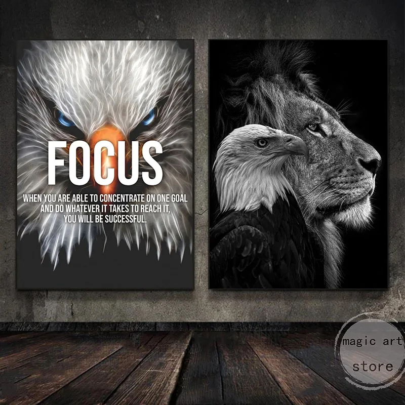 Motivational Bald Eagle Quotes Focus,Black Lion and Eagle Faces Art ...