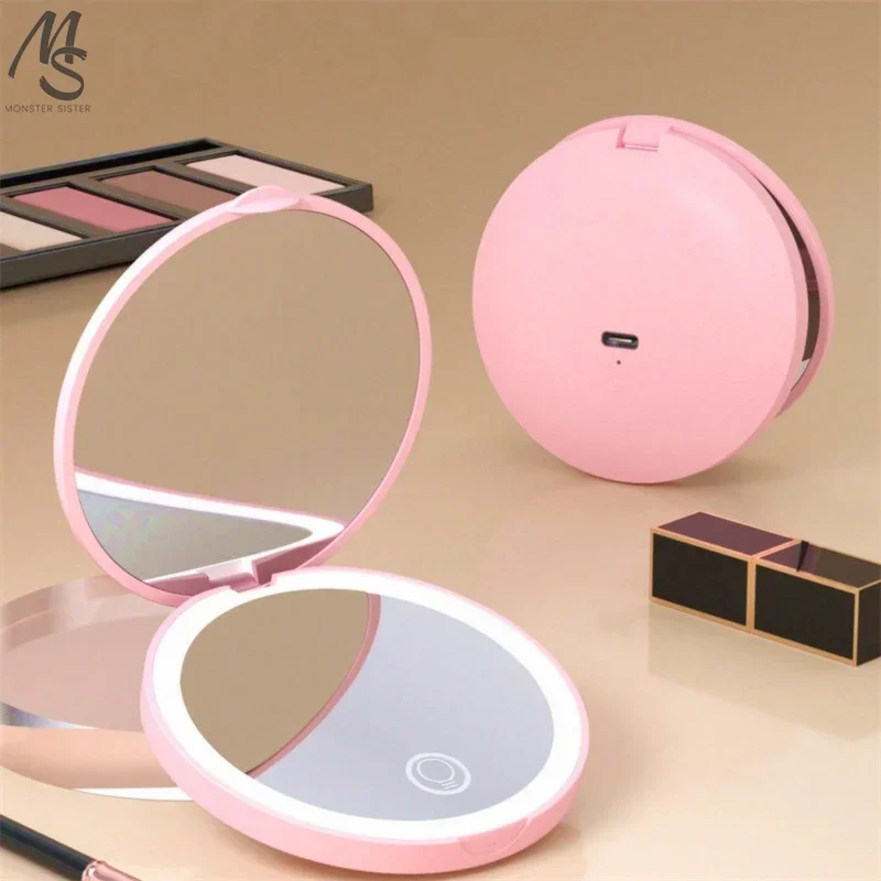 LED-Light-USB-Charging-Makeup-Mirror-Vanity-Folding-Portable-Pocket ...