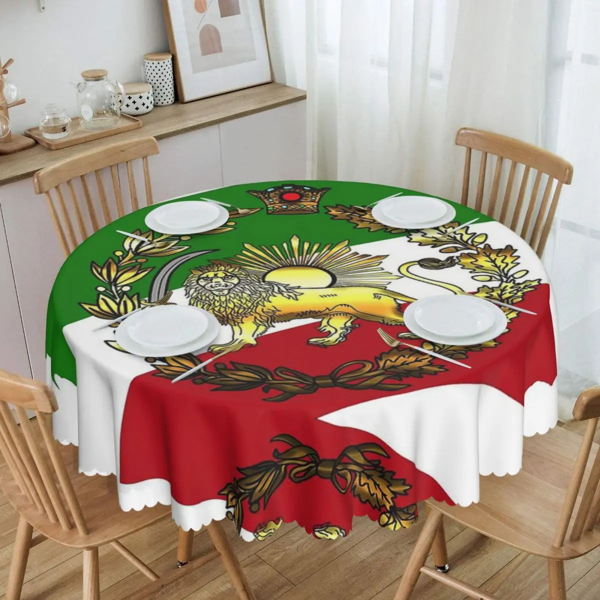 Round-Iran-Pahlavi-s-Flag-With-Lion-And-Crown-Tablecloth-Waterproof-Oil ...