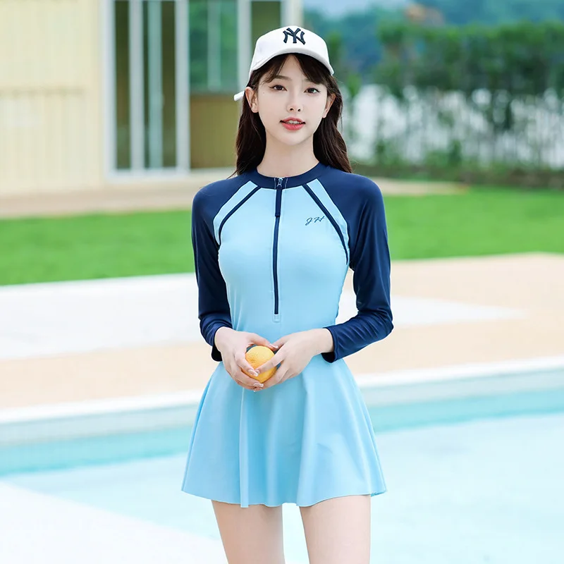 Swimsuit Women Long Sleeves One Piece Modest Swimwear Swim Skirt Hot ...